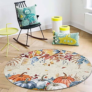 Blue Orange Thanksgiving Fall Round Area Rugs Collection 5', Non Slip Indoor Circular Throw Runner Rug Floor Mat Carpet for Living Room Dining Table Bedroom Nursery Maple Leaf Pumpkins Rustic
