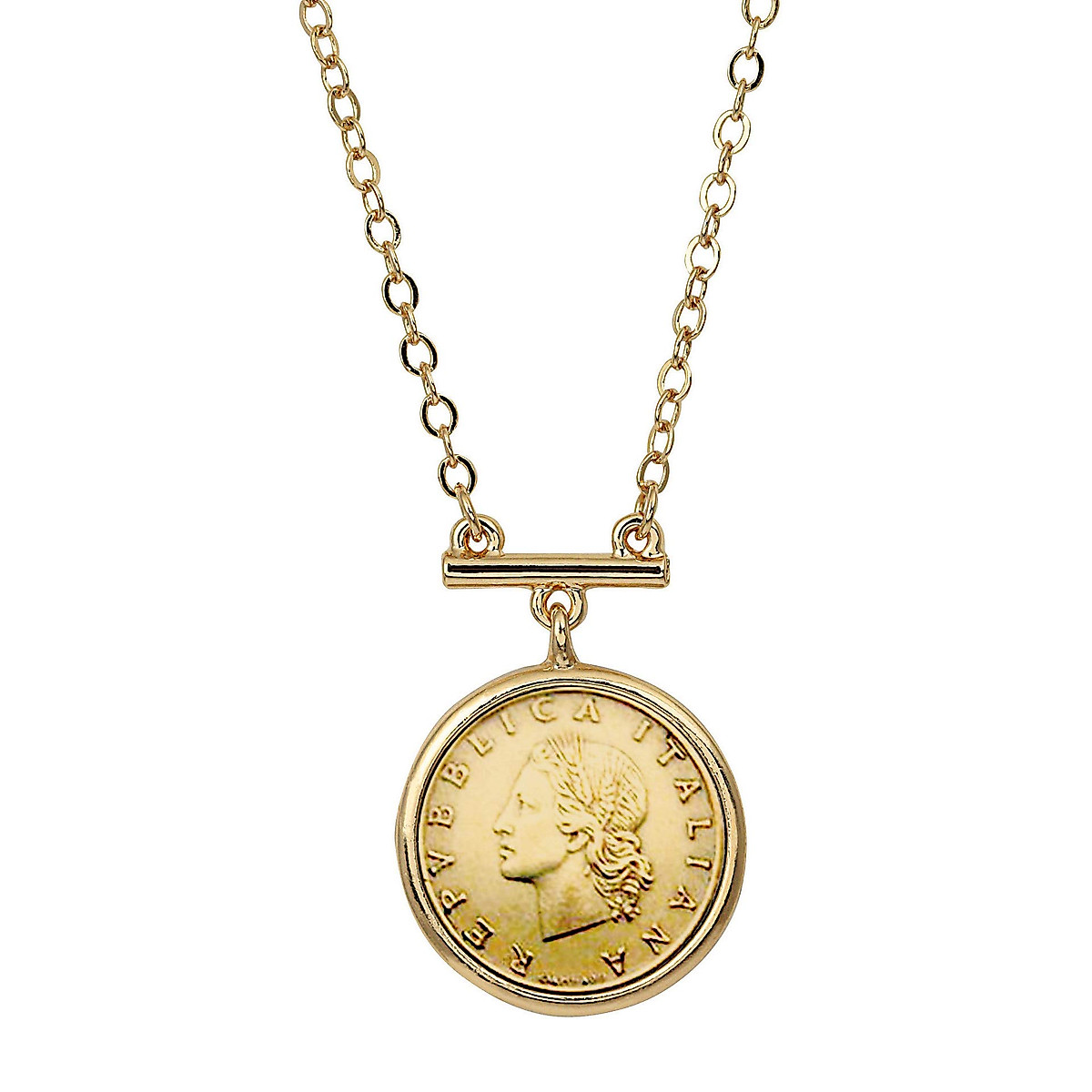 American Coin Treasures Italian 20 Lira Coin Pendant Bar Necklace | Goldtone Flat Cable | 18 Inch 3 Inch Extender with Lobster Claw Clasp | Certificate of Authenticity