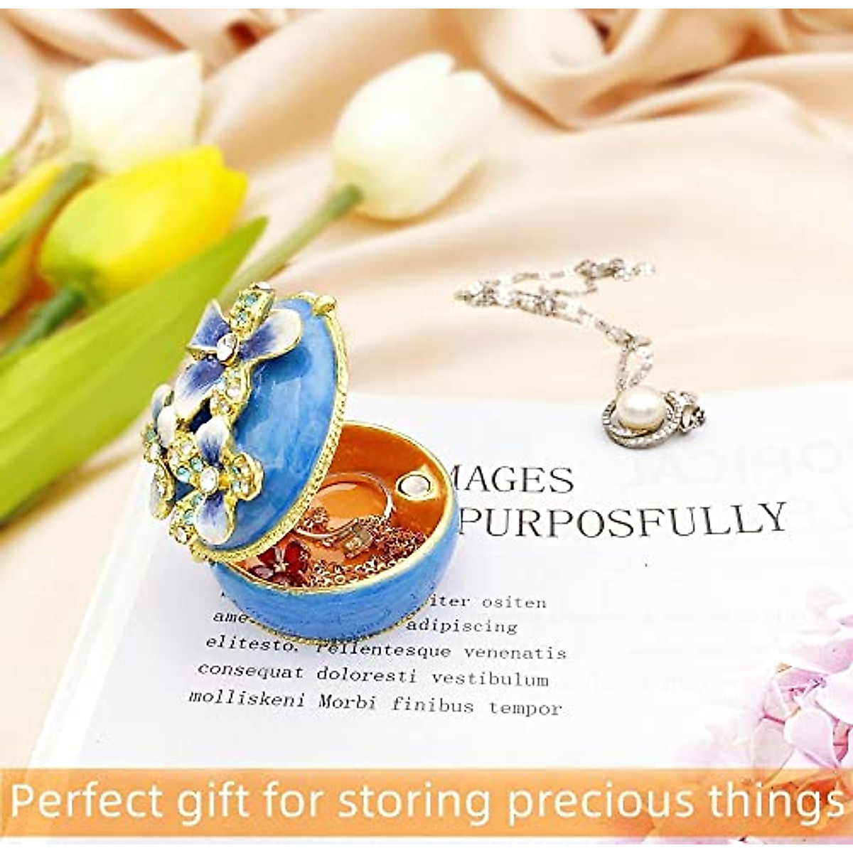 JWT Astyle Orchid Flower Blue Trinket Boxes Hinged Small Jewelry Box with Crystals.Collectible Trinkets Home Gift Enamel Decorative Tiny Keepsake Box Decor Necklace Rings Earrings Organizer.