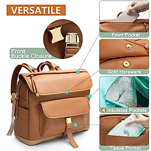 MOMINSIDE Diaper Bag Backpack, 12 Pockets Leather Mini Diaper Bag, Baby Bag Backpack, Baby Registry Search, 4 Insulated Pockets, Changing Pad, Stroller Straps(Brown)