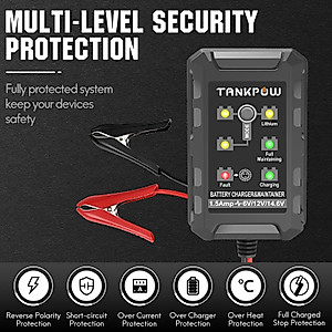 TANKPOW 1.5-Amp Smart Car Battery Charger,6V and 12V Automotive Battery Charger Battery Maintainer,Trickle Charger,Float Charger for Cars,Motorcycle,ATV,AGM,Gel,Lithium and Deep Cycle Batteries