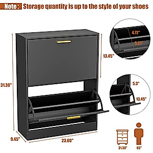 JOZZBY Shoe Cabinet for Entryway, Black Slim Shoe Cabinet with 2 Flip Drawers Narrow Shoe Storage Cabinet 2 Tier Freestanding Shoe Organizer for Entryway, Hallway, Living Room