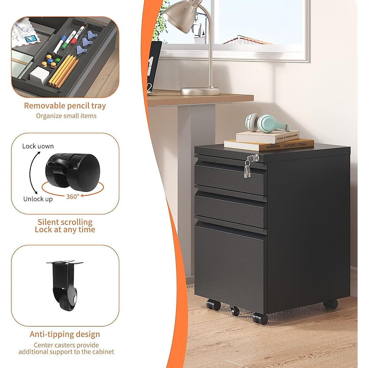 Guizeeopo Filing Cabinets for Home Office, Mobile File Cabinet with Lock, 3 Drawer Filing Cabinet for A4/Letter/Legal Size Folder, Fully Assembled Except Casters, Matte Black