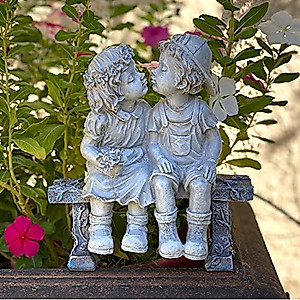 Lily's Home First Kiss Resin Garden Statue, Little Girl and Boy Kissing Yard Miniature Figurine, 9 Inch