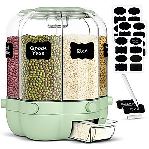 Rice Dispenser 25 Pounds, Kitchen Storage with Chalk Labels and Measuring Cup, Grain Dispenser, 6 Compartment Rice Storage Container, Rotating Food Dispenser for Sunflower Seeds, Popcorn Kernels