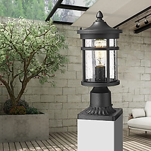 Diyel Outdoor Post Light Fixture, 13.8" Exterior Pillar Lantern with Black Finish and Seeded Glass, Exterior Post Lamp, RZ002-P BK
