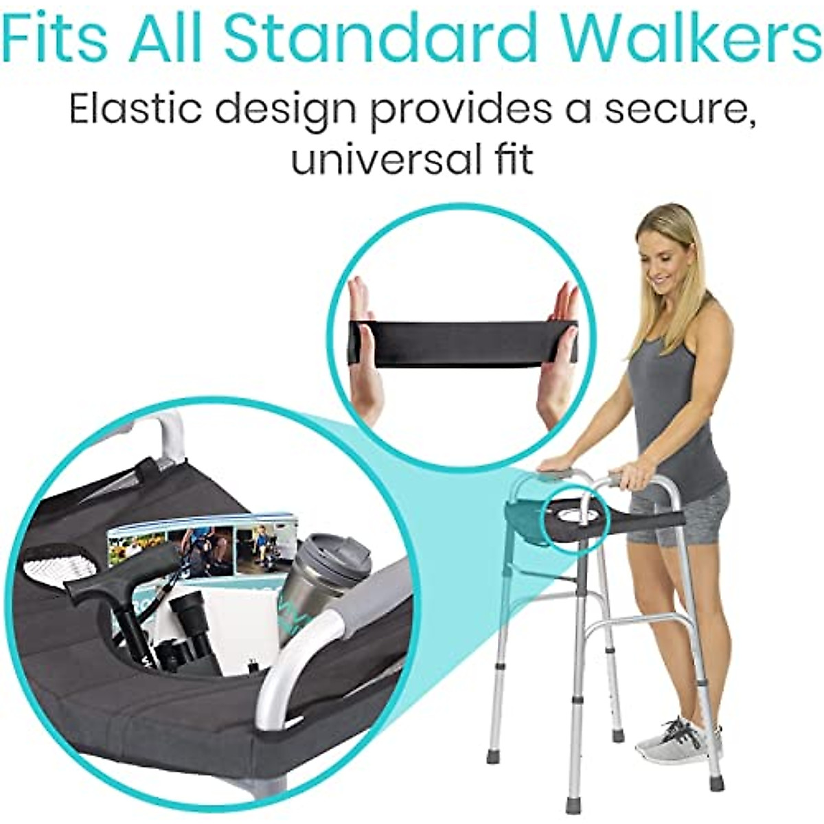Vive Walker Tray for Folding, Standard Walkers (with Basket) - Universal Medical Supplies Equipment Attachment Table with Cup Holder - Durable Disability Rolling Accessories - for Seniors, Women, Men