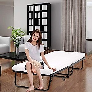 Folding Bed Frame with Wheel, Rollaway Bed with Mattress for Adults, Foldable Twin Bed with Thick Memory Foam Mattress for Spare Bedroom&Office, Camping Cot Portable Folding Bed for Adults&Kids 350LBS