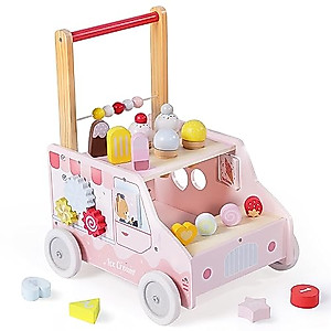labebe Wooden Baby Walker with Wheels for Girls 12 Months, Baby Push Walker for 1 Year Old Sit to Stand Walker for Baby Girl/Boy, Ice Cream Cart for Kids Age 1-3Y, Toddler Pretend Play Dessert Truck