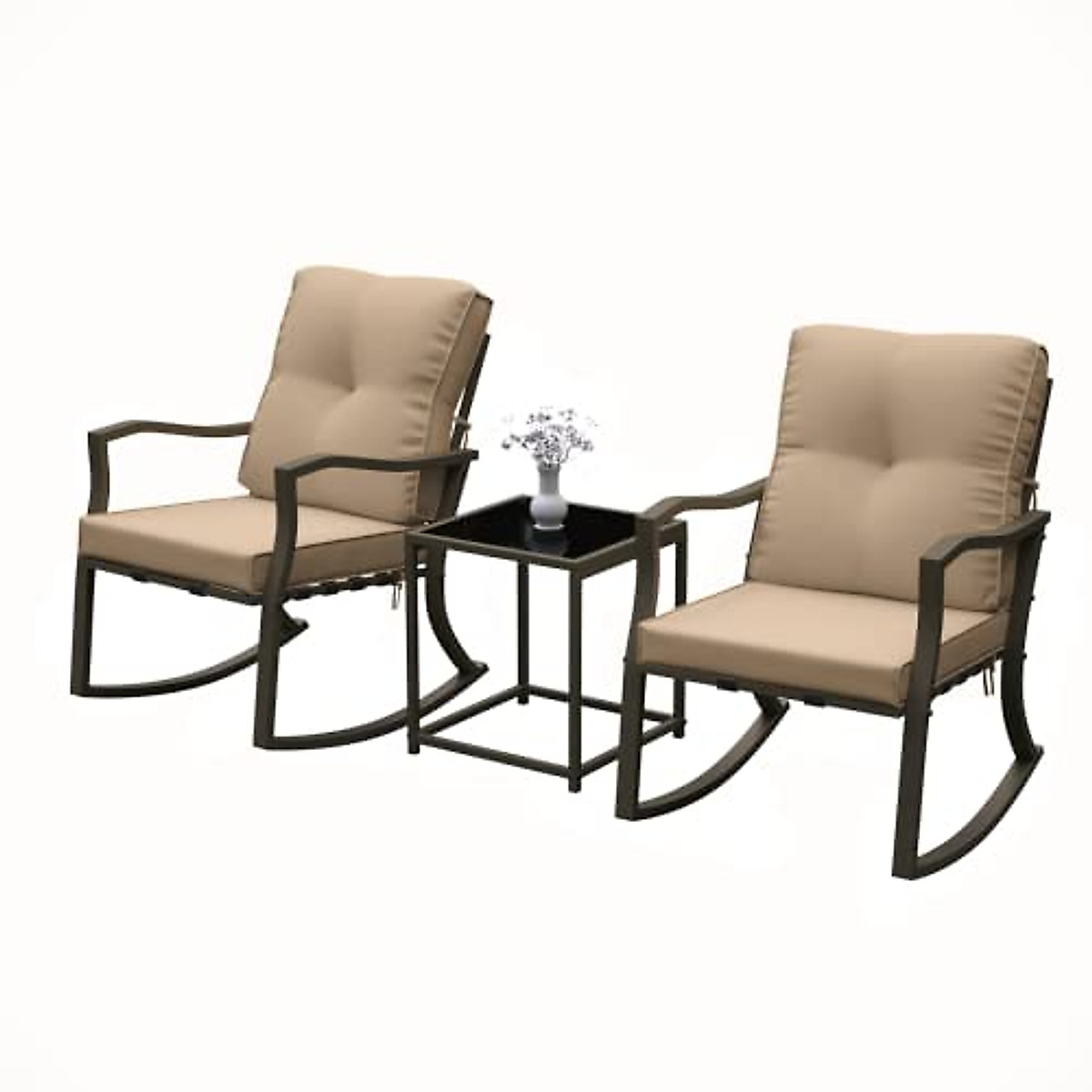 ALAULM Outdoor Rocking Chairs 3 Pieces Patio Bistro Set Patio Furniture Set Armrest Chair with Sand Thickened Cushions and Coffee Table for Patio Backyard Porch