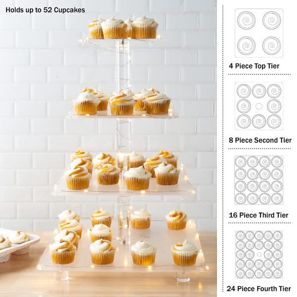 4-Tier Cupcake Stand - Square Acrylic Display Stand with LED Lights for Birthday, Tea Party, or Wedding Dessert Tables by Great Northern Popcorn