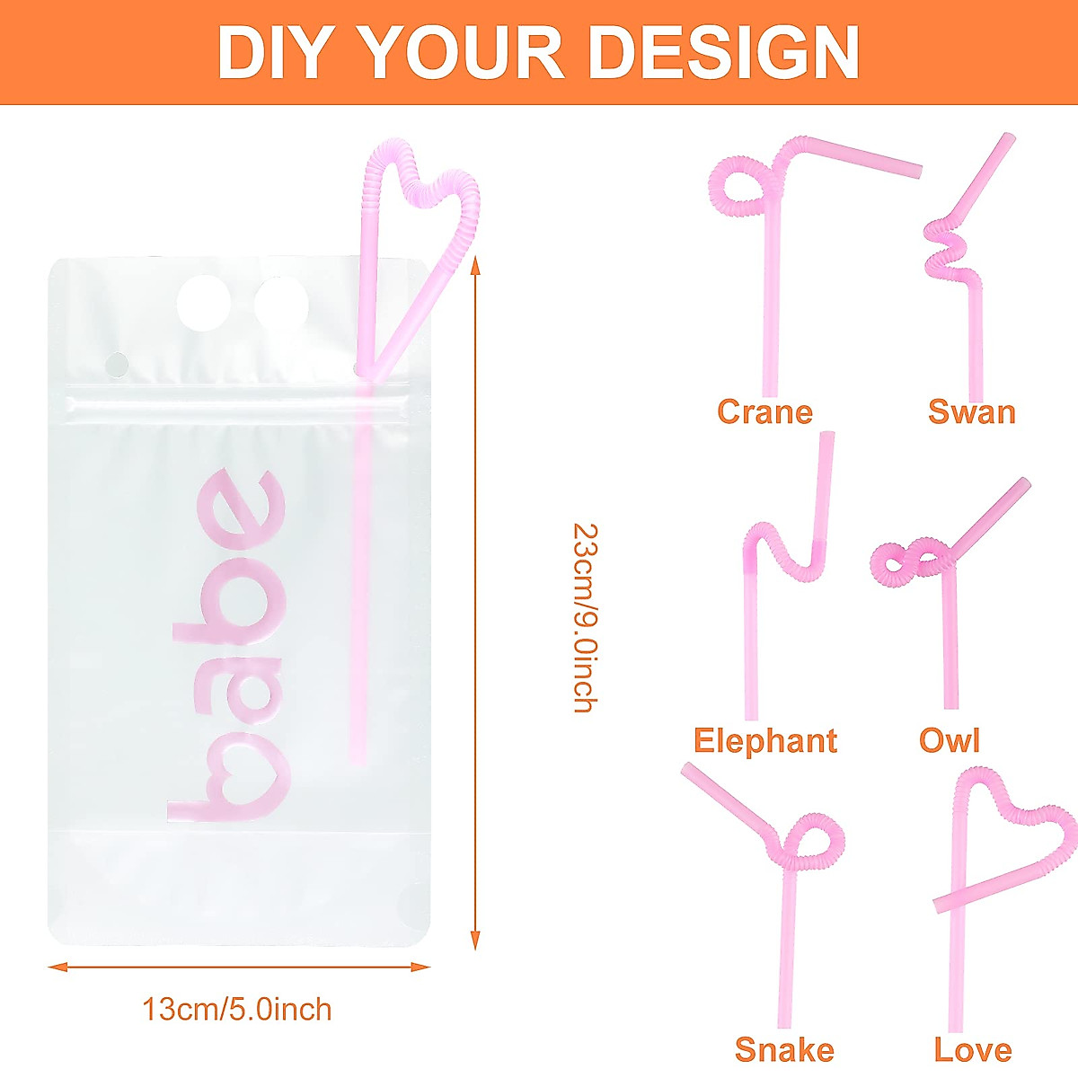 18 Pcs Zipper Plastic Pouches Drink Bags with Straws for Bride Party Heavy Duty Hand-held Translucent Frosted Bags with Drink Straws Wedding Party Decoration for Bride Women Girl