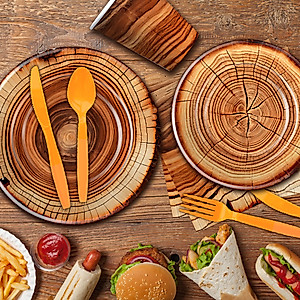 Xenorik Wood Grain Slice Paper Plates And Napkins Party Supplies For Birthday Baby Shower Wedding - Wooden Plates, Cup, Napkin, Fork, Lumberjack Camping Hunting Party Decorations Tableware | Serve 24