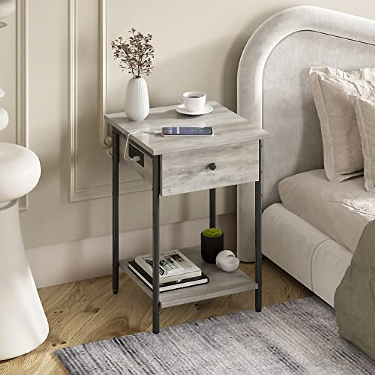 hosote Nightstand with Charging Station, Flip Top End Table with USB Ports and Outlets Farmhouse Night Stand Side Bedside Table with Storage for Bedroom Living Room (Rustic Grey, Set of 2)