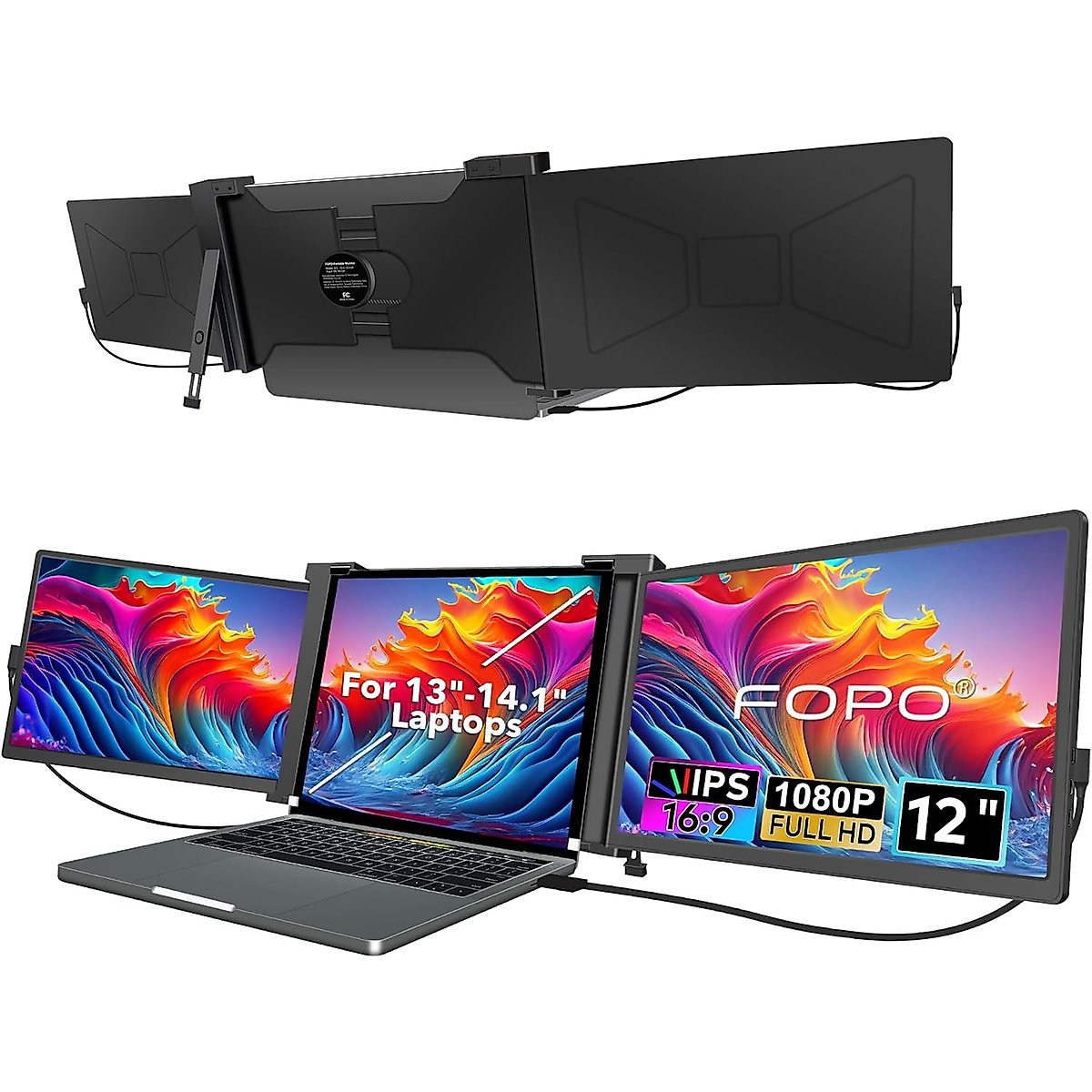 FOPO 12" Triple Laptop Screen Extender Triple Portable Monitor for 13.3"-14" Laptop, FHD 1080P IPS Dual Display, with USB-C/HDMI Port, for Windows/MacOS/Switch-S12