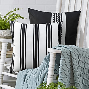 cygnus Pack of 2 Outdoor Waterpoof Throw Pillow Covers Geometric Stripes Square Garden Cushion Cases Patio Furniture Pillow Covers Black and White,18x18 Inch