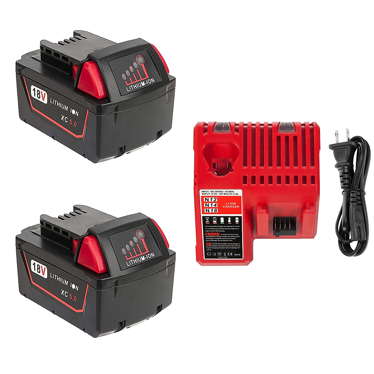 Volt1799 2PACKS 5.0Ah 18V Lithium Battery and Charger for Milwaukee M18 Battery 48-11-1820 Cordless Power Tools Batteries, Capacity Output 5.0Ah
