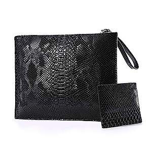 NIGEDU Women Clutches Fashion Snakeskin PU Leather Party Envelope Purse Bag with Hand Strap (Black)