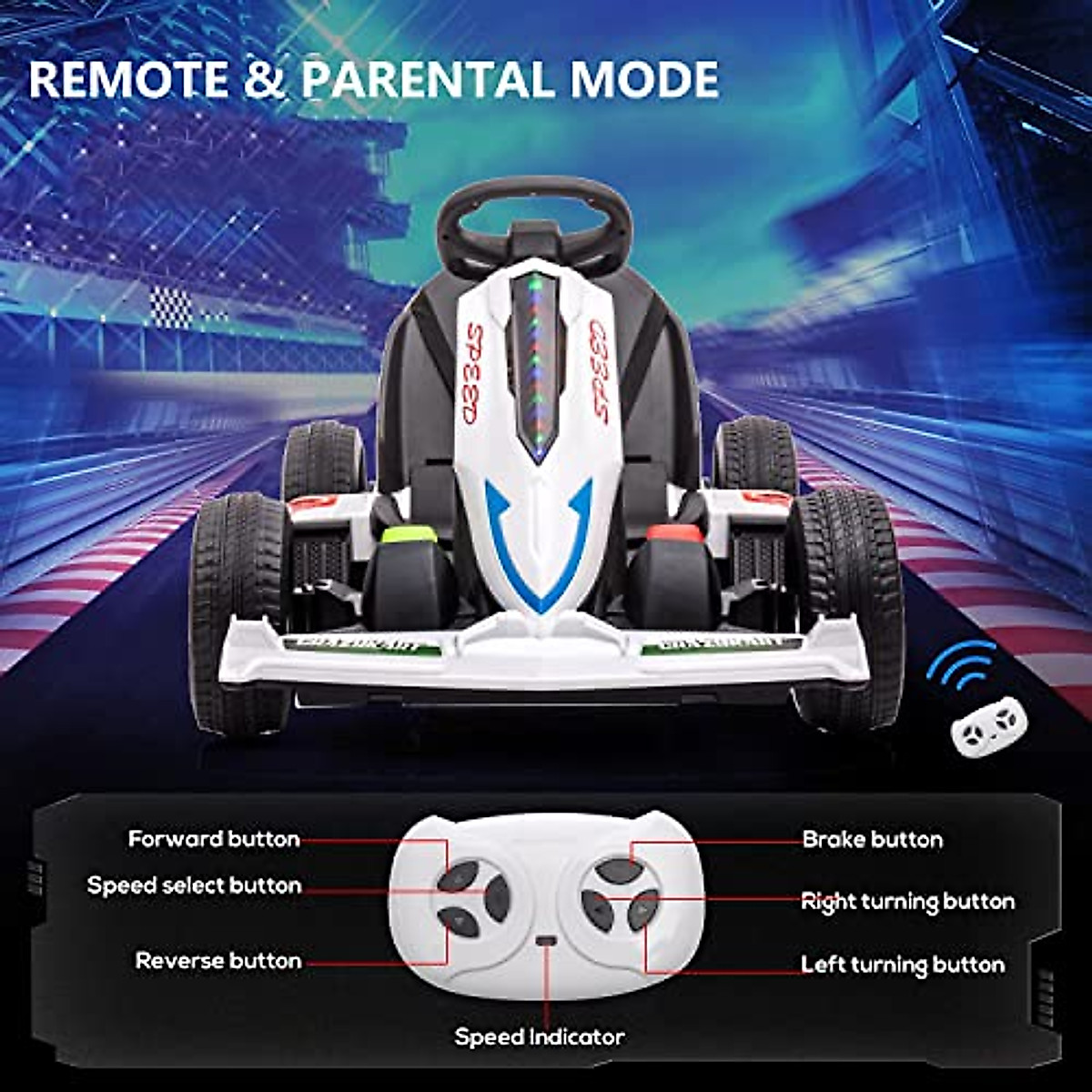 PRIME CLUB 12V Ride on Car Electric Go Kart Adjustable Length Racer Drift Car with Remote Control,Music,Brake and Horn,Electric Car for 37-95 Months Toddler (White)