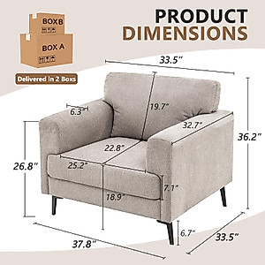 CDCASA Accent Chair, Linen Fabric Oversized Mid Century Modern Chair Set of 1, Comfy Upholstered Armchair Reading Accent Chairs Sofa Chairs for Bedroom Living Room, Light Brown