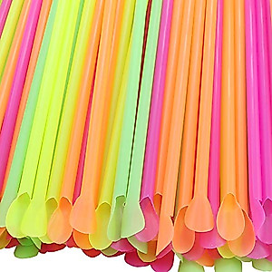 DEEBF 500 Pack Sno-Cone Spoon Straws, Mixed Neon Colors Disposable Plastic Straw, 8"