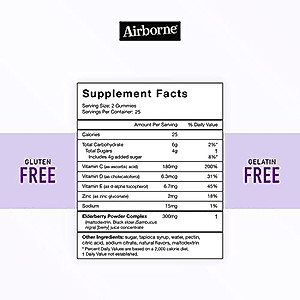 Airborne Elderberry + Zinc & Vitamin C Gummies For Adults, Immune Support Vitamin D & Zinc Gummies With Powerful Antioxidant Vitamins C D & E - 50 Gummies, Elderberry Flavor