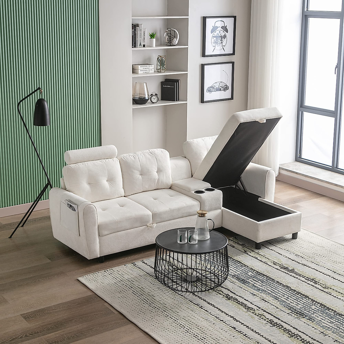 HomSof Sectional Sofa Set with Chaise Lounge, Storage, Cup Holder and Side Pocket, 3-Seat L-Shaped Couch for Small Spaces, Living Room