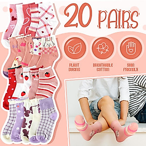 Bencailor 20 Pairs Cartoon Pattern Crew Socks Cute Patterns Ruffle Crew Socks Cotton Cute Socks for Kids Girls (Ages 6-8)