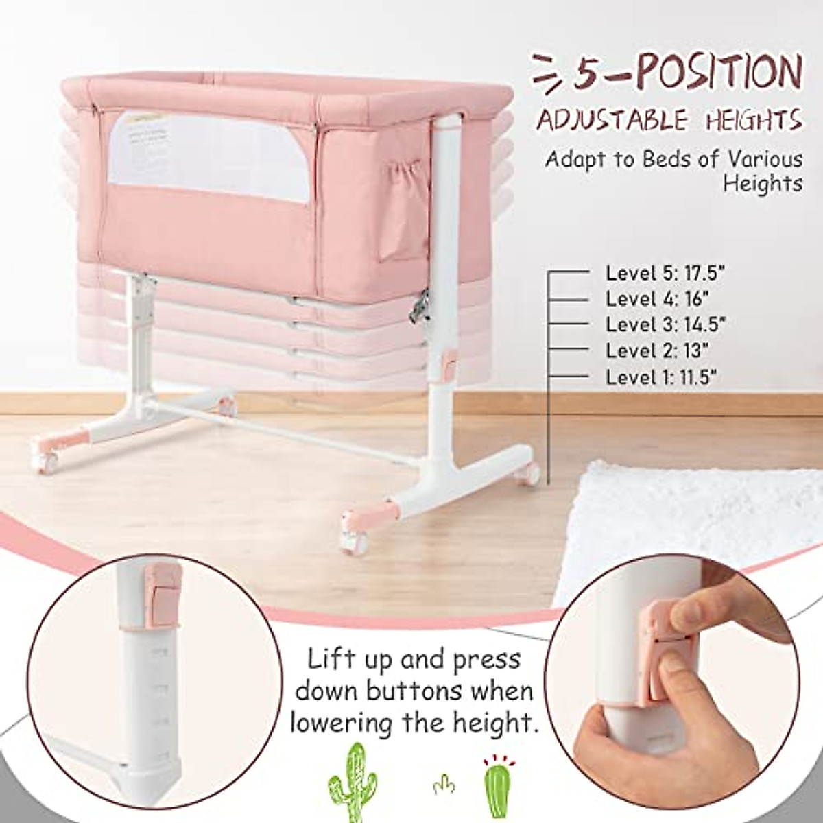 HONEY JOY Baby Bassinet Bedside Sleeper, 3-in-1 Easy Folding Portable Crib for Baby with Wheels, 5 Adjustable Heights, Easy to Assemble Bed to Bed, Mattress & Carry Bag for Infant Newborn (Pink)