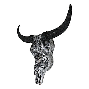 Ebros Gift Silver and Black Tribal Floral Vines Tooled Steer Bison Bull Cow Skull Head with Horns Wall Mount Decor Artistic Replica Native Animal Bust Skulls Hanging Mounted Plaque Sculpture