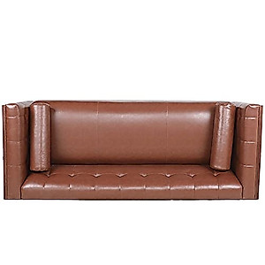 76'' Leather Chesterfield Sofa, Upholstered Tufted Modern Couch with 2 Pillows, Nailhead and Solid Wood Armrest Side Board, 3 Seater Sofa with Wooden Legs for Living Room, Bedroom, Office (Brown)