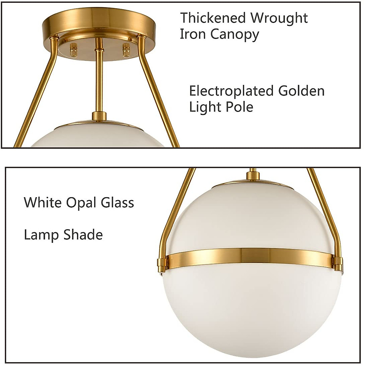 HOLKIRT Mid Century Modern Globe Semi Flush Mount Ceiling Light Fixture,White Opal with Brass Finish,Living/Dinning Room