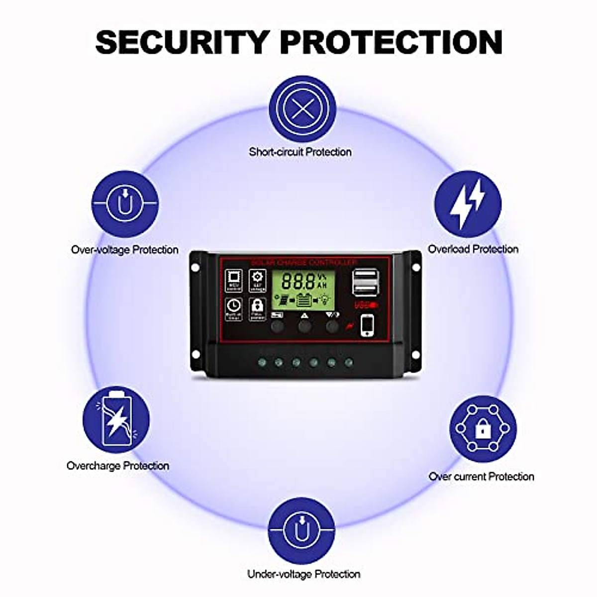WERCHTAY 60A Solar Charge Controller 12v/ 24v PWM Solar Panel Charge Controller Intelligent Regulator with 5v Dual USB Port Display Adjustable Parameter LCD Display and Timer Setting ON/Off Hours