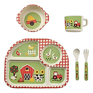 Funkins Eco-Friendly Bamboo Kids Dinnerware Set - Fun & Bright Non-Toxic Colors, BPA-Free, Dishwasher Safe, Divided Plate, Bowl, Cup, Fork, Spoon for Toddler Meals, Snacks (Farm)