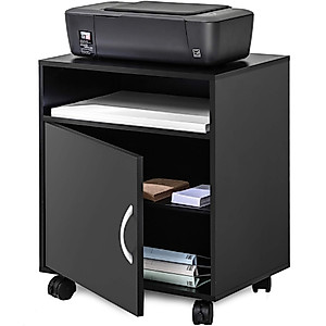 FITUEYES Printer Stand with Adjustable Storage Shelves, Mobile Black Wood Work Cart on Wheels, Rolling File Cabinet with Door for Home Office, PS404801WB