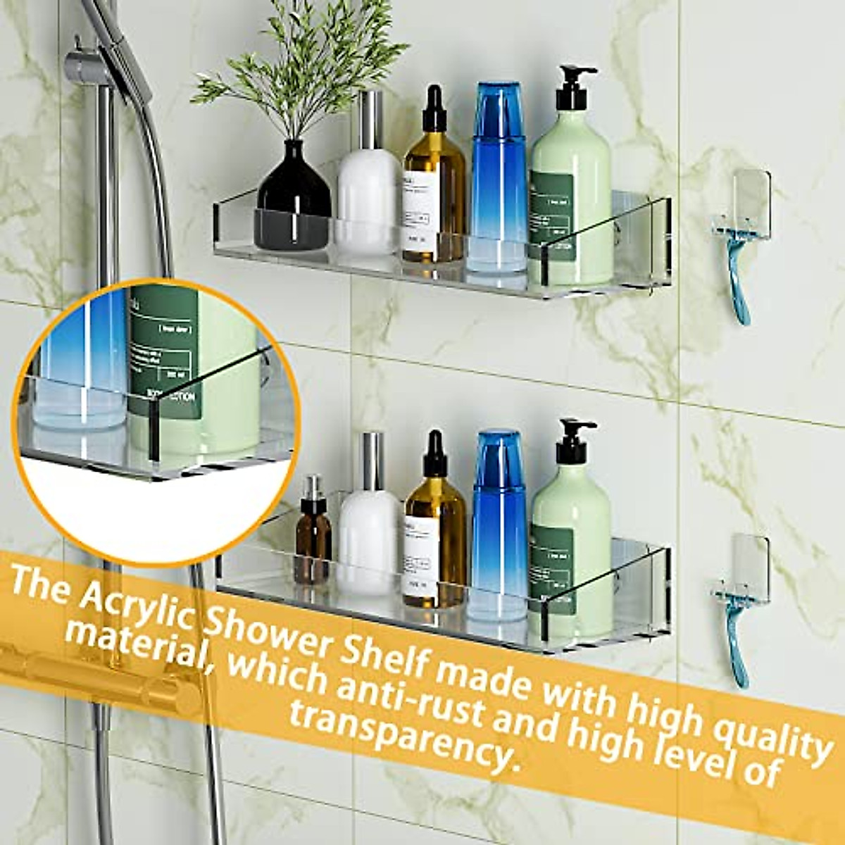 Sinminou Acrylic Shower Caddy Shelf 2- Pack of Traceless Adhesive Wall Mounted, No Drilling and Anti-rust, Clear Storage Rack for Shampoo Holder, Floating Acrylic Bathroom Shelves with Hooks for Razor