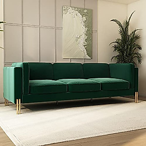 yunqishi YOUYA 94.88" W Modern Green Velvet Sofa Couch with Metal Gold Legs, 3-Seater Upholstered Emerald Green Sofa for Living Room, Bedroom, Office (Green)