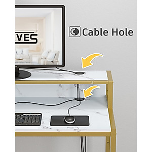 Teraves Computer Desk with 5 Tier Shelves,Reversible Writing Desk with Storage 49 Inch Study Table for Home Office Independent Bookcase and Desk for Multiple Scenes (White Marbling+ Gold Frame)