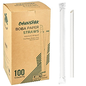 Chunspak 9 Inch Individually Wrapped Disposable White Paper Boba Straws, Bubble Tea Straws 100 Counts, 0.5"/12mm Wide - Pointed End, Extra Thick, Fat - Eco-friendly Biodegradable