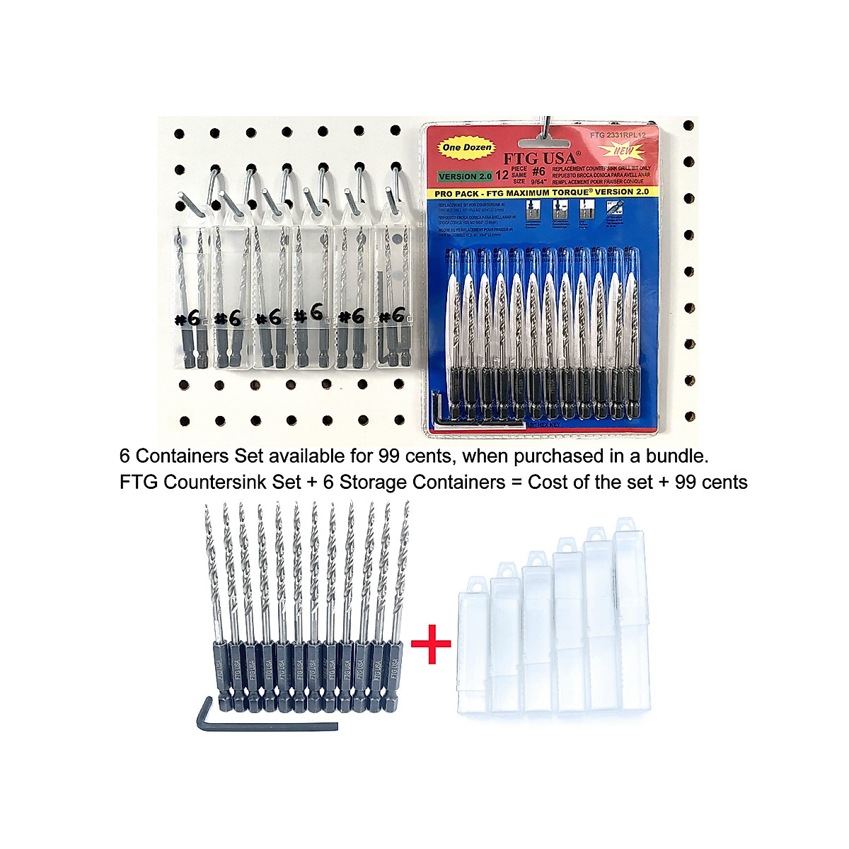 FTG USA Replacement Tapered Countersink Drill Bit Set 12 Pc (#6) 9/64" Countersink Bit Same Size Bit Replacement Only, with 6 Storage Containers