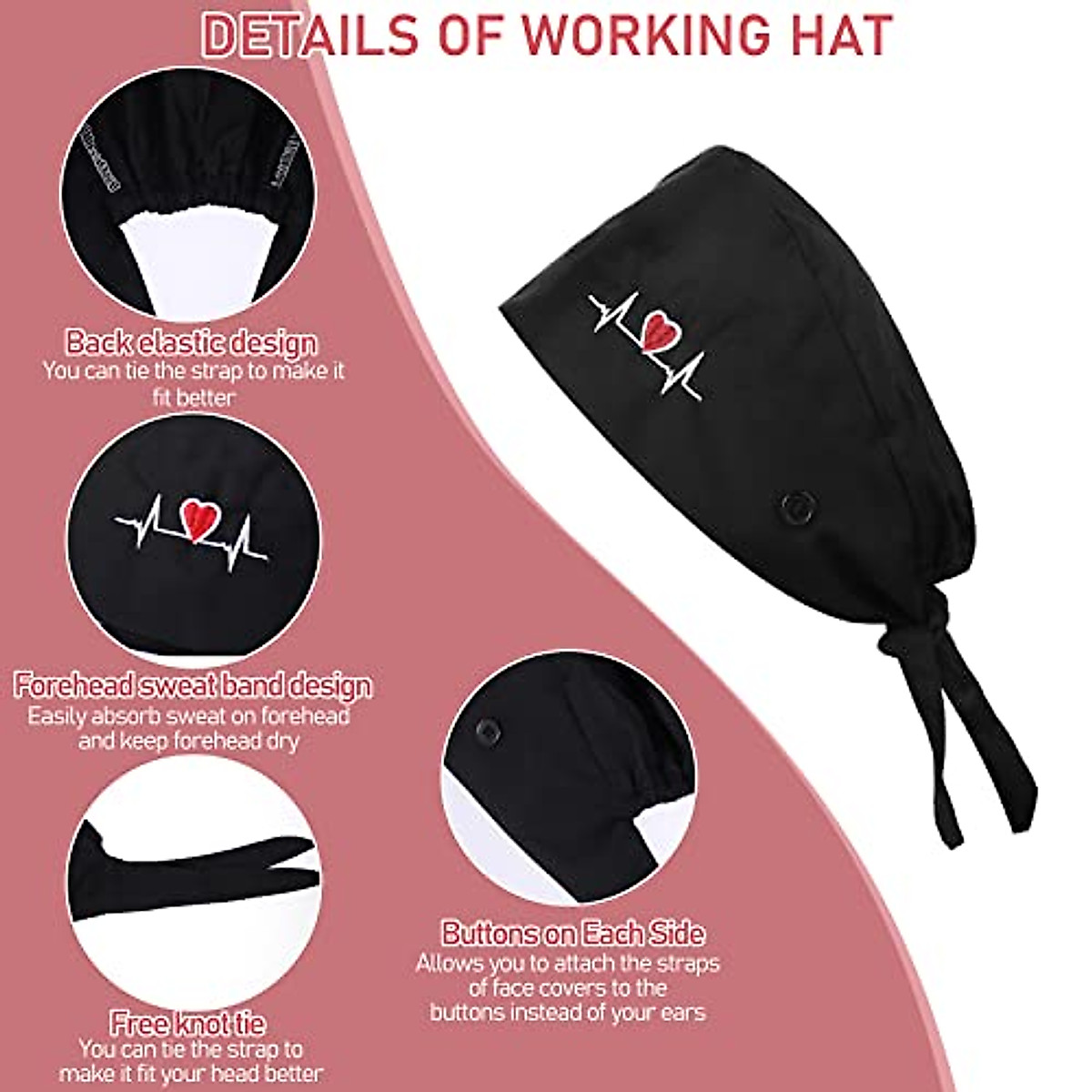 Lusofie Adjustable Working Cap with Button Sweatband Surgical Cap Nurse Hat Cotton Ponytail Holder Scrub Caps Tie Back Hats for Women Men