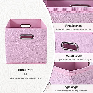 ANMINY 3PCS Storage Cubes Set Romantic Rose Print Large Storage Bins Boxes Baskets Non-Woven Fabric with Handles Desktop Closet Shelf Foldable Organizer Container for Home Office 11"x 11"x 11" - Pink