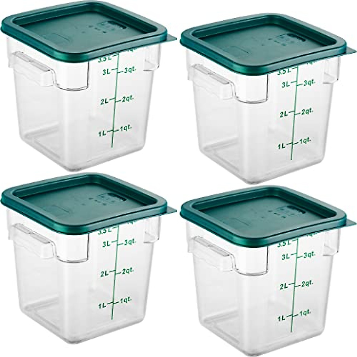 CURTA 4 Pack Food Storage Container with Green Lid - NSF Commercial Grade in 4.0 Qt - Square, Clear, Polycarbonate