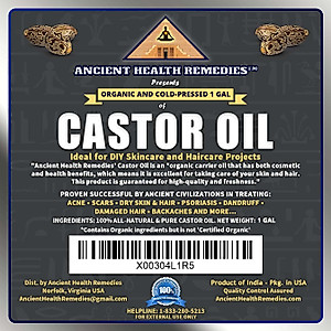 ANCIENT HEALTH REMEDIES Organic Unrefined Cold Pressed PURE CASTOR CARRIER OIL Bulk Wholesale Beauty, Hair Growth Moisturizing DIY Oil For Body Butter Skin Products & Skin Softening(INDIA) (1 gallon)