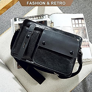 Men's Small Crossbody Shoulder Bag Multi-Pocket Satchel Bags Genuine Leather Business Commuting Messenger Bag (Black)