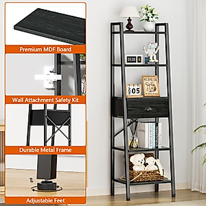 Furologee 5 Tier Bookshelf, Ladder Shelf with Drawer, Tall Bookcase Corner Shelf, Narrow Shelf Industrial Display Standing Units for Home Office, Living Room, Bedroom, Kitchen, Black Oak
