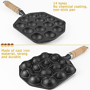 DOERDO Cast Iron Takoyaki Pan, 14 Holes Takoyaki Maker Meat Ball Mold Nonstick Baking Tray for Octopus Balls, 6.5 Inch