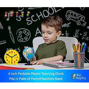 WISE HEDGEHOG Kids Telling Time Practice Learning Clock, 4 Inch Size Teaching Handheld Analog Clock, Geared Movement Makes Fingers Move Like Real Clocks, for School Classrooms and Homeschool Supplies