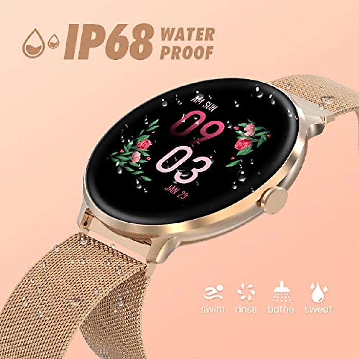 BEBINCA Smart Watch for Women Fitness Tracker Heart Rate,Sleep Monitor,IP68 Waterproof Smartwatch Activity Tracker Step Counter Compatible with iPhone Android Phones (Pink)