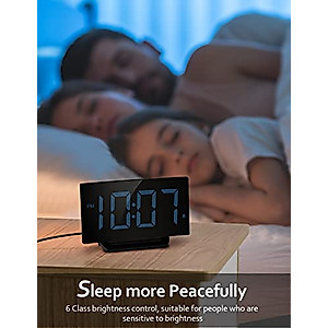 Digital Alarm Clock for Bedrooms, Digital Clock with Modern Curved Design, Conspicuous Blue LED Numbers, 6 Levels Brightness, 2 Volume, 3 Alarm Tones, Snooze, Power-Off Memory, 12/24H, Bedside Clock